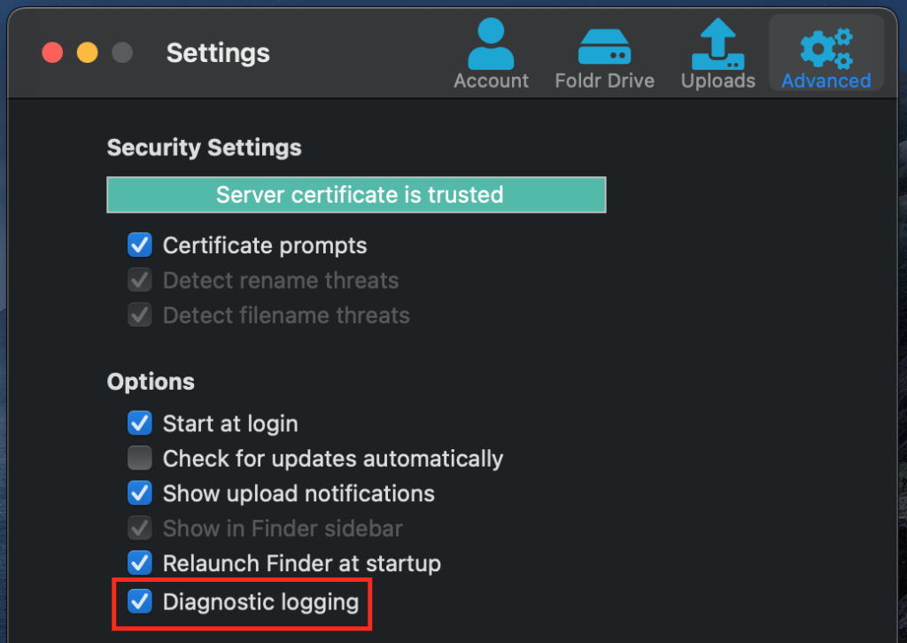 Generating a support bundle - macOS - Foldr